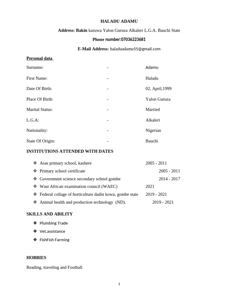 Haladu Adamu's CV and Qualifications | PDF