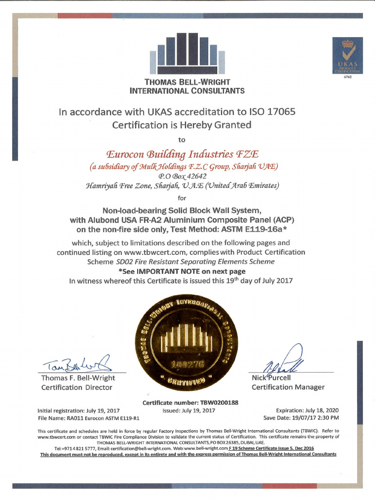 Alubnd Usa FR - A2 (ASTM E119 - R1) - 3 Hrs - 4mm Certificate ...