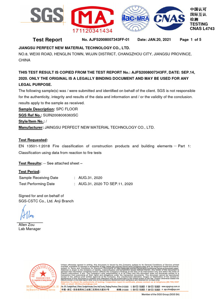 SPC Floor Fire Test Report Summary | PDF