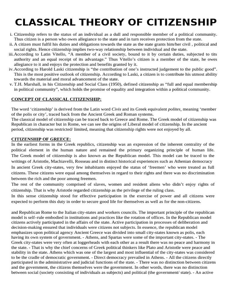 Classical Theory of Citizenship | PDF | Citizenship | Ancient Greece