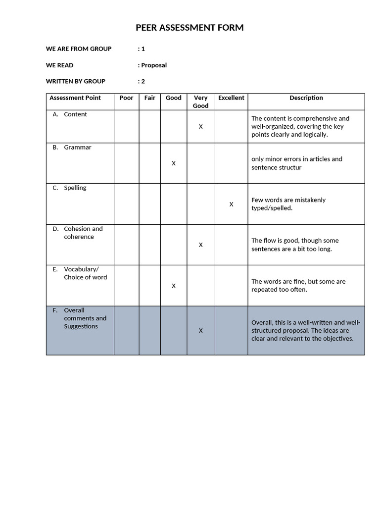 Peer Assessment Form Sample 2 | PDF