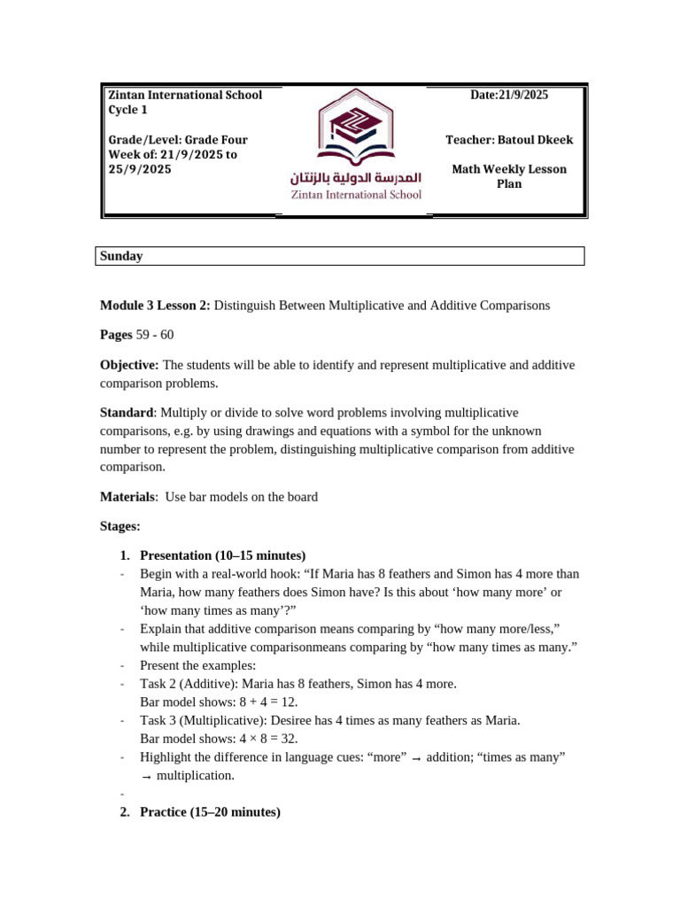 Grade 4 Math Lesson Plan: Comparisons | PDF | Multiplication | Equations