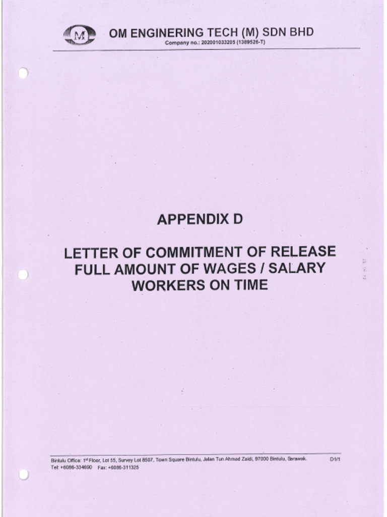 Appendix D - Letter of Commitment of Release Full Amount of Wages ...
