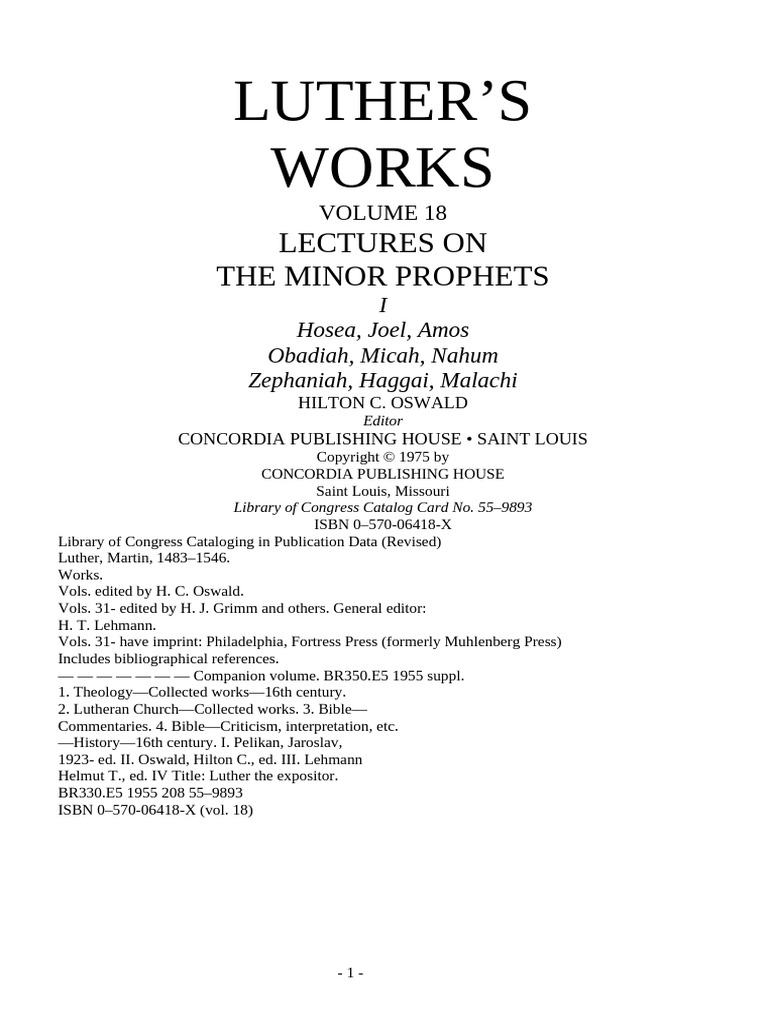 VOL 18 Lectures On The Minor Prophets 1 Hosea Joel Amos Obadiah Micah ...