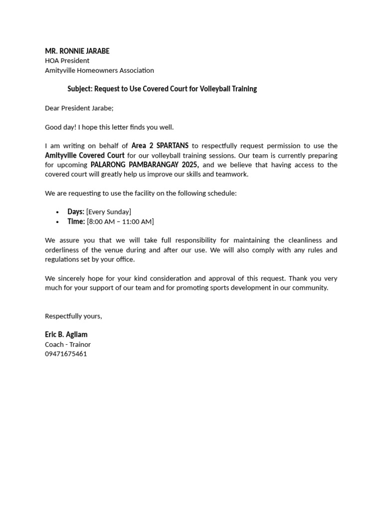 Request to Use Covered Court for Training | PDF