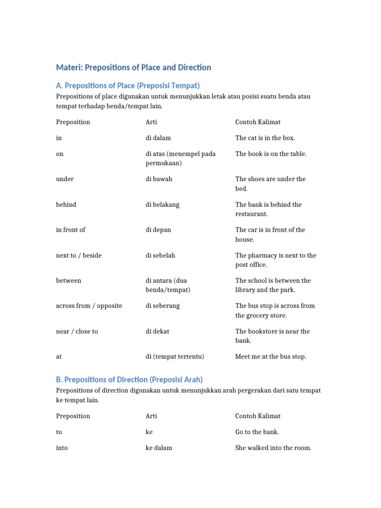 Materi Prepositions of Place and Direction | PDF