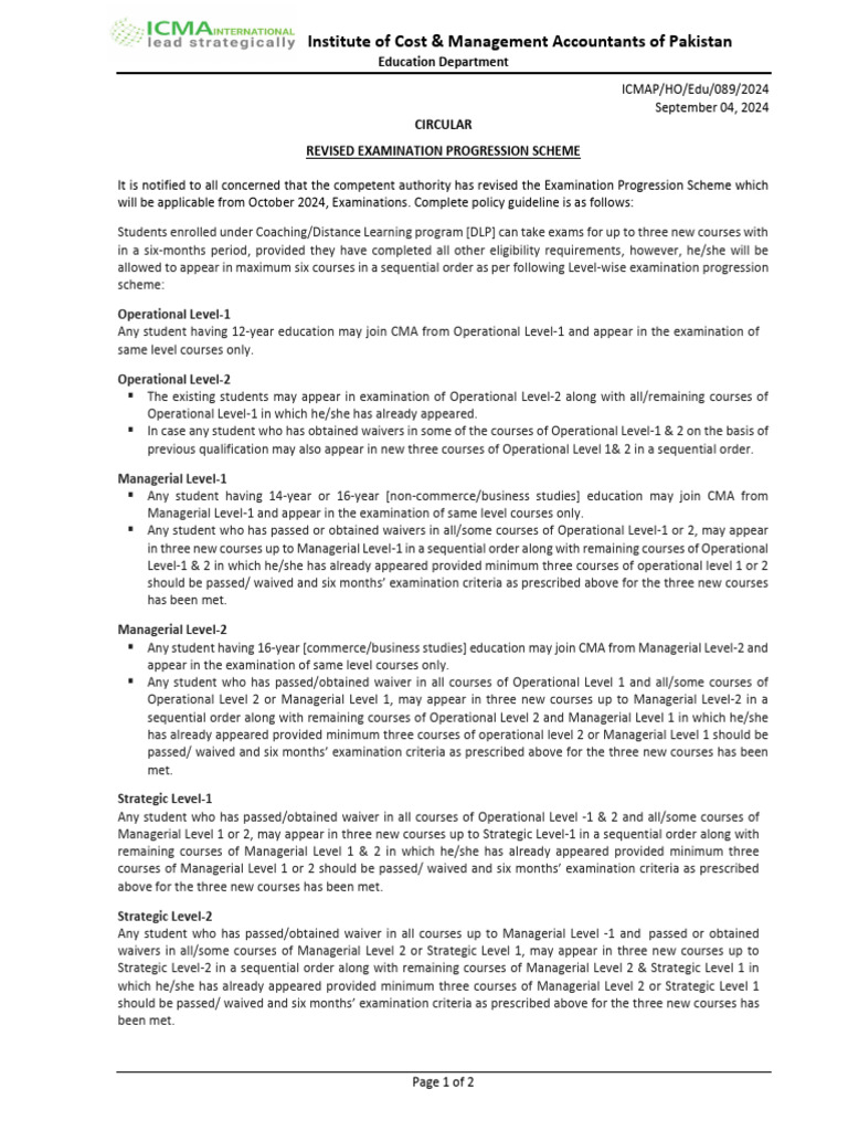 Circular - Revised Examination Progression Scheme - August 2024 | PDF