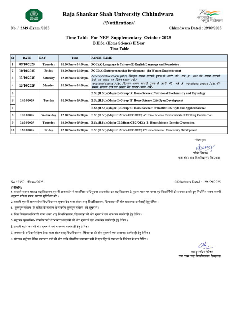 Time Table For NEP II Year BHSC Supple. Oct. 2025 | PDF