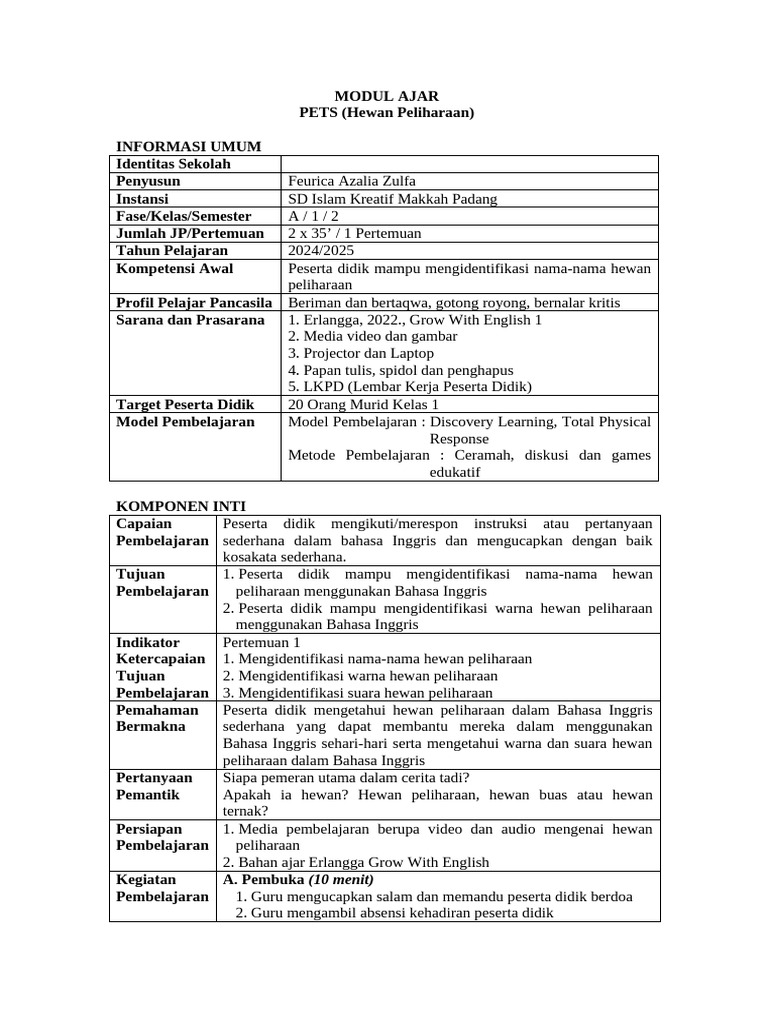 Modul Pembelajaran Hewan Peliharaan SD | PDF