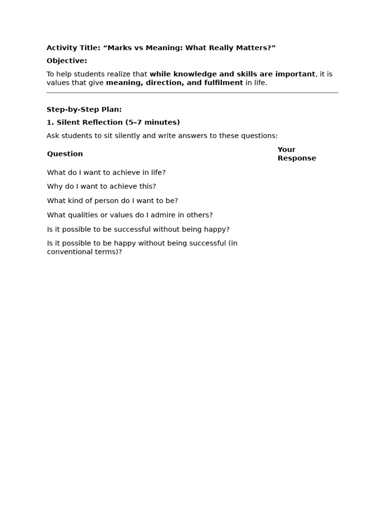 Marks vs Meaning: Values in Life | PDF