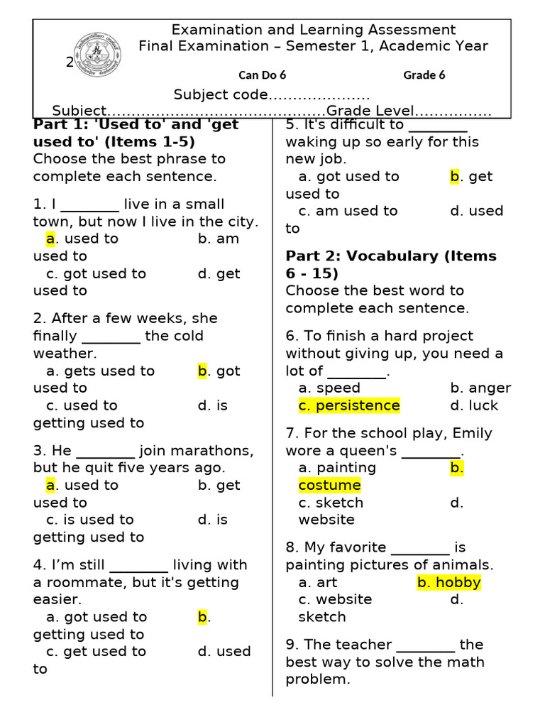 Answer Key Grade 6 Final Test - Can Do 6 Sem 1 | PDF