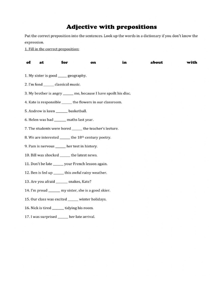 Adjective Plus Preposition Worksheet | PDF