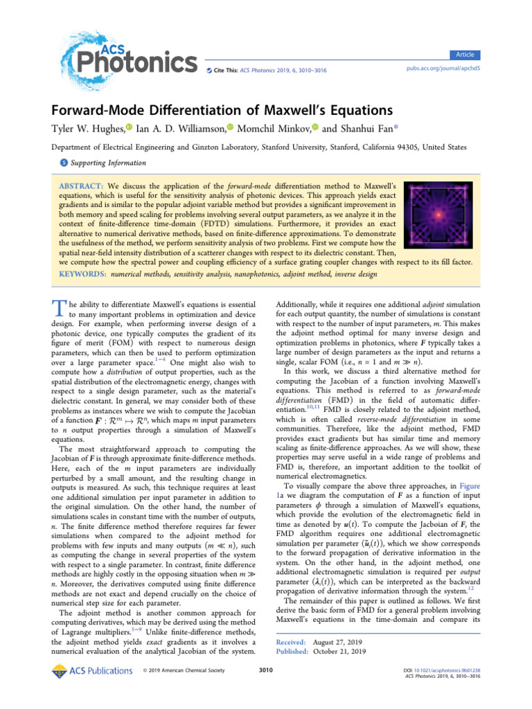 Fan Et Al 2019 Forward Mode Differentiation of Maxwell S Equations | PDF | Finite Difference ...