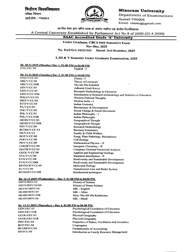 Odd 2025 CBCS Time Table | PDF