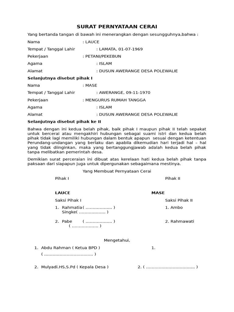 Surat Pernyataan Cerai Lauce dan Mase | PDF