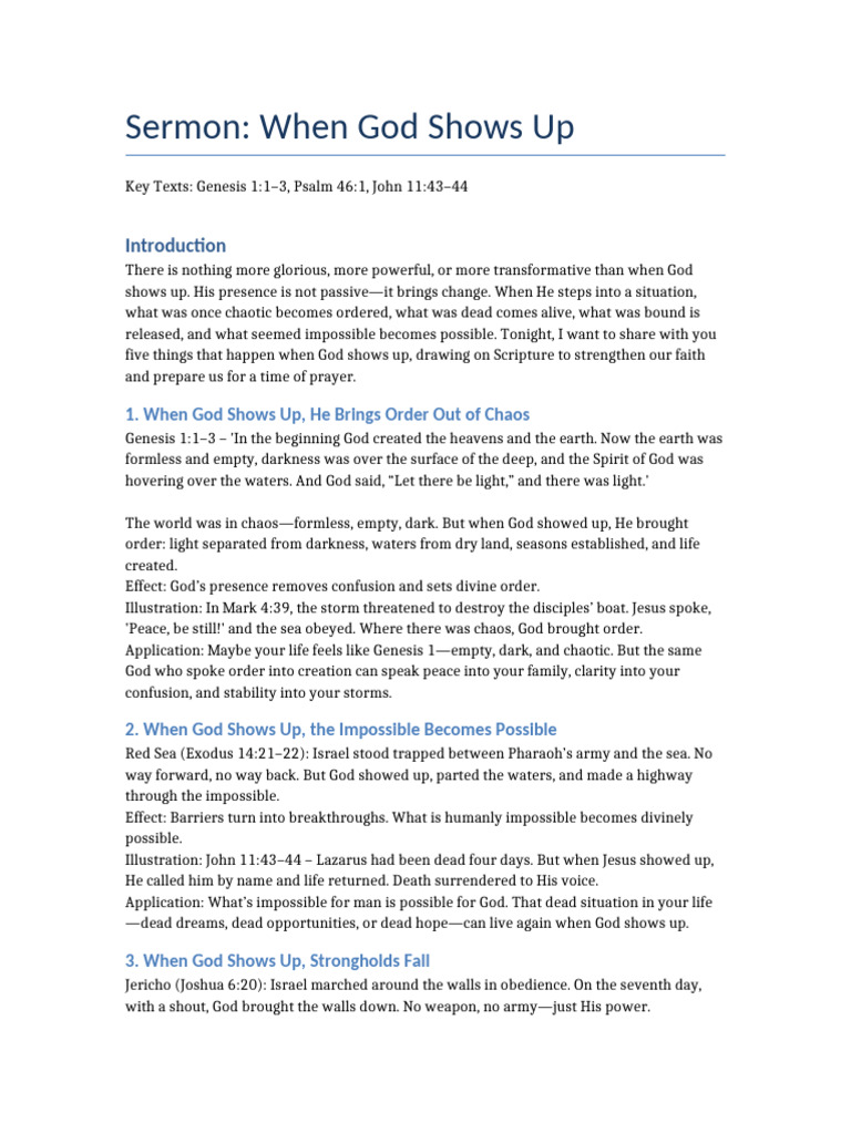 When God Shows Up Sermon | PDF | Genesis Creation Narrative | Acts Of ...