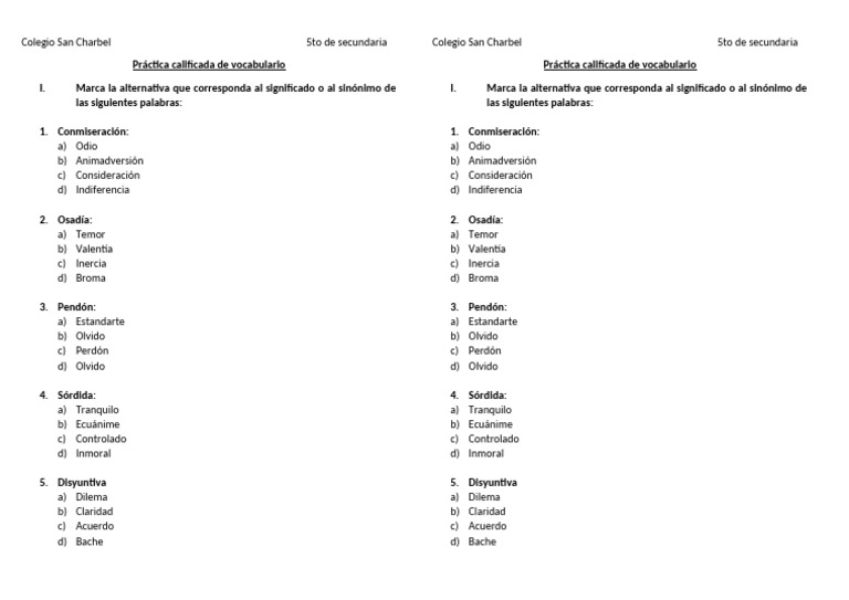 Práctica de Vocabulario 5to Secundaria | PDF