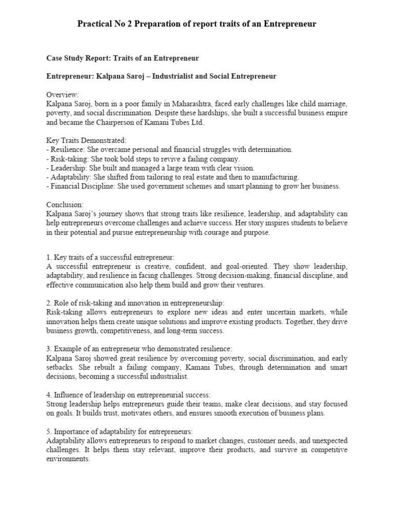 Practical No 2 Case Study On Traits of Entrepreneur | PDF | Entrepreneurship | Psychological ...