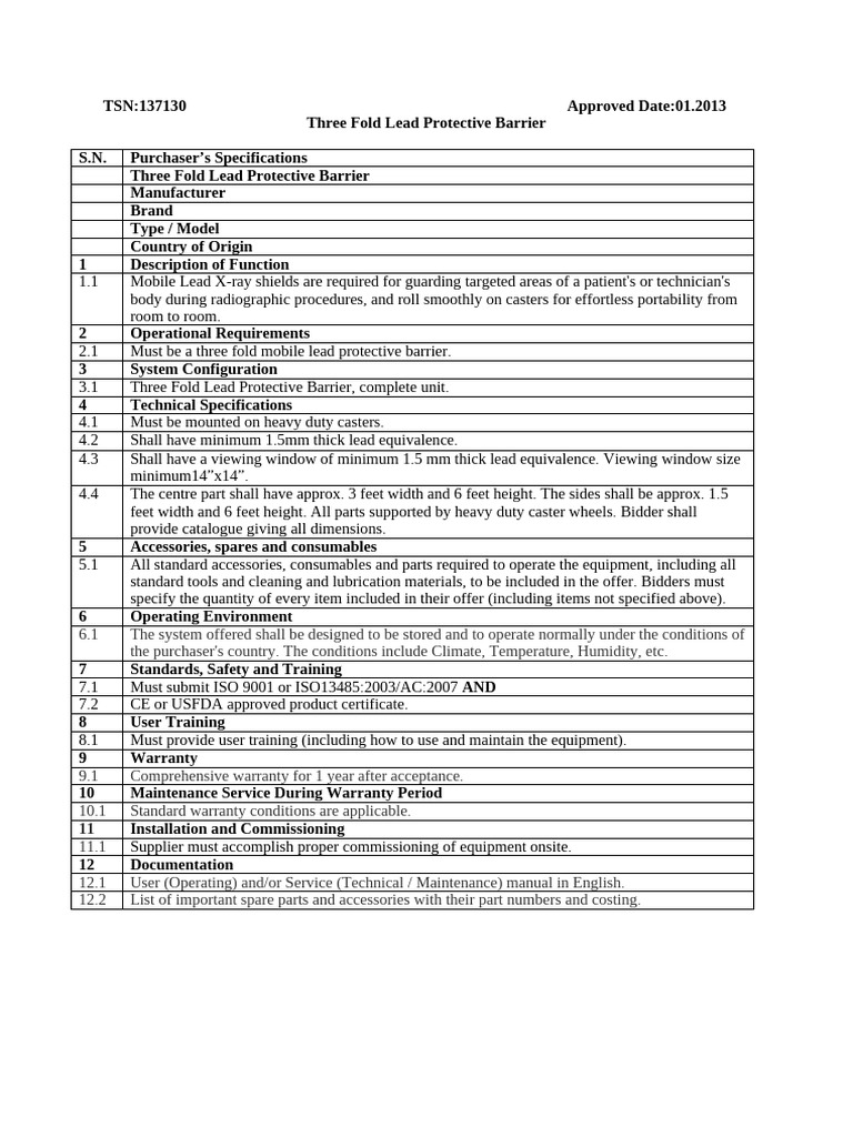 Three Fold Mobile Lead Barrier Specs | PDF | Specification (Technical ...