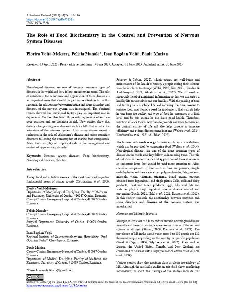 The Role of Food Biochemistry in The Control and Prevention of Nervous ...