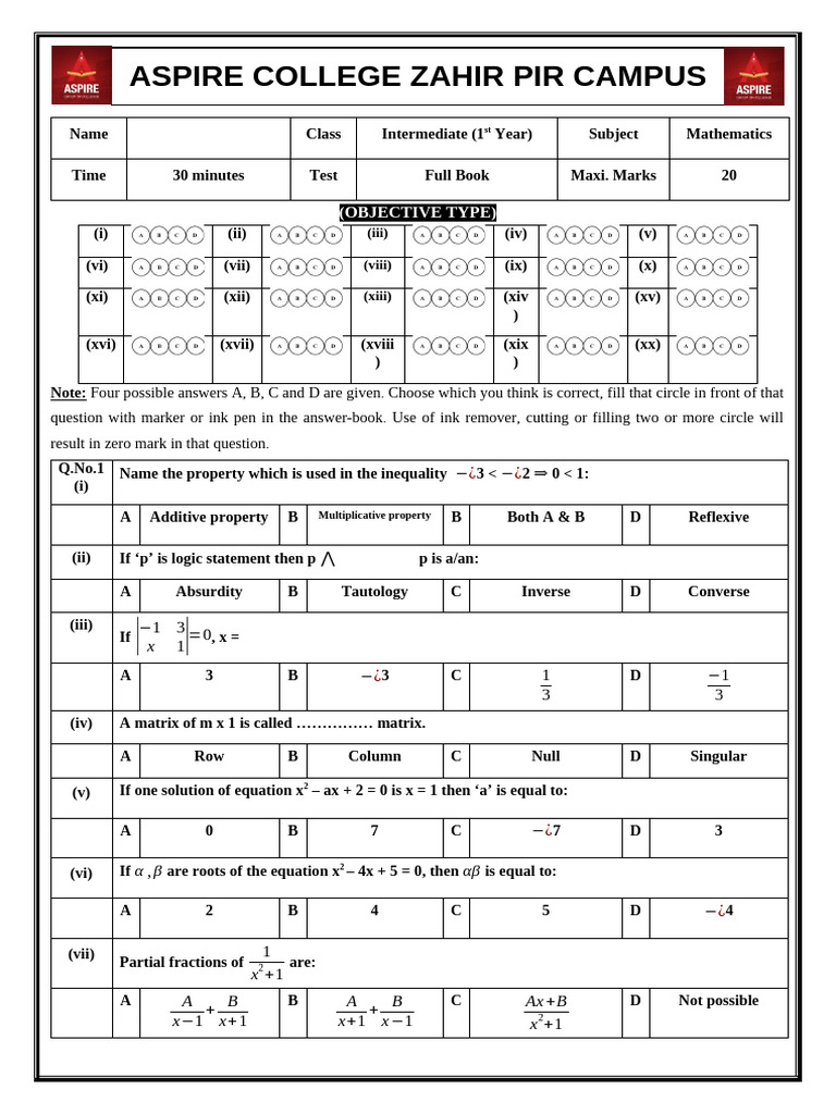 First Year Math Full Book Test | PDF