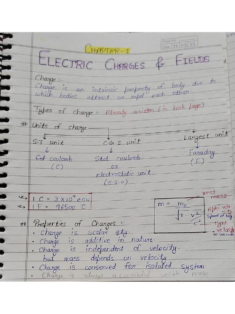 Chapter-1 (Electric Charges and Fields) Physics | PDF