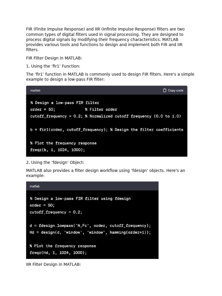 MATLAB FIR and IIR Filter Design Guide | PDF
