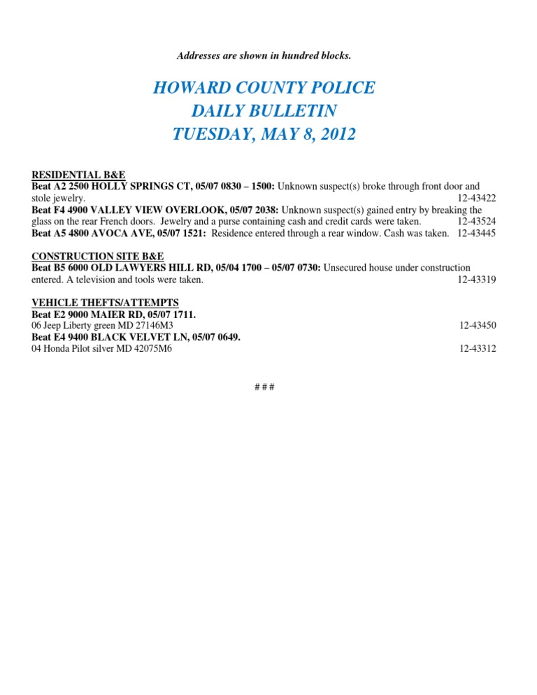Howard County Police Daily Bulletin | PDF | Travel