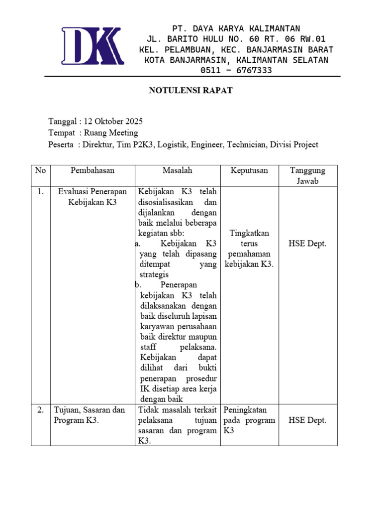 Notulensi Rapat K3L | PDF