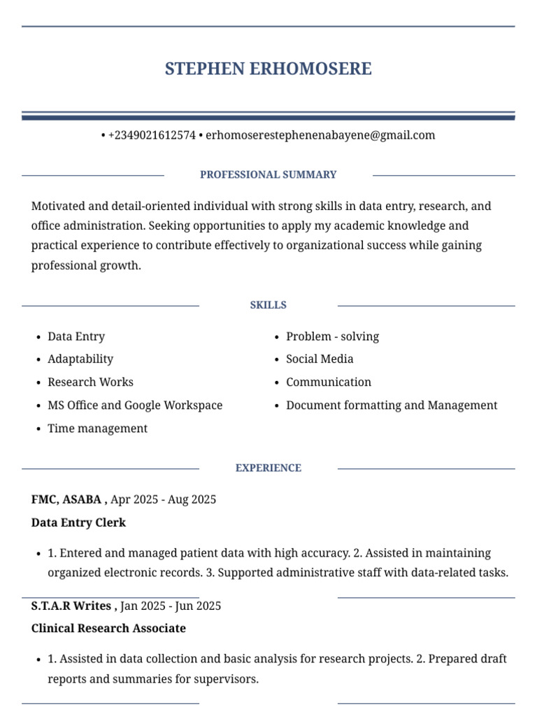 Stephen Erhomosere Orhomonokpaye Resume | PDF