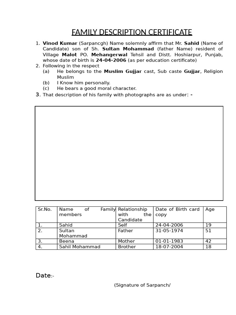 Family Description Certificate | PDF