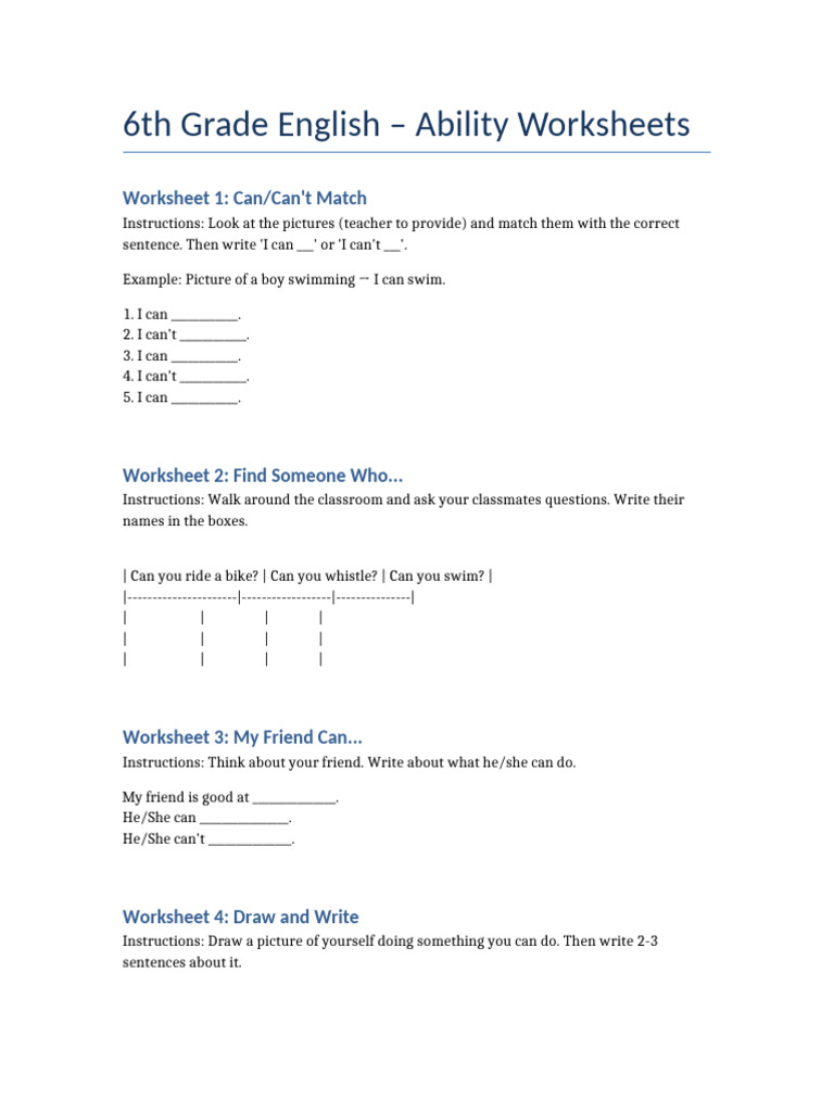 6th Grade English Ability Worksheets | PDF