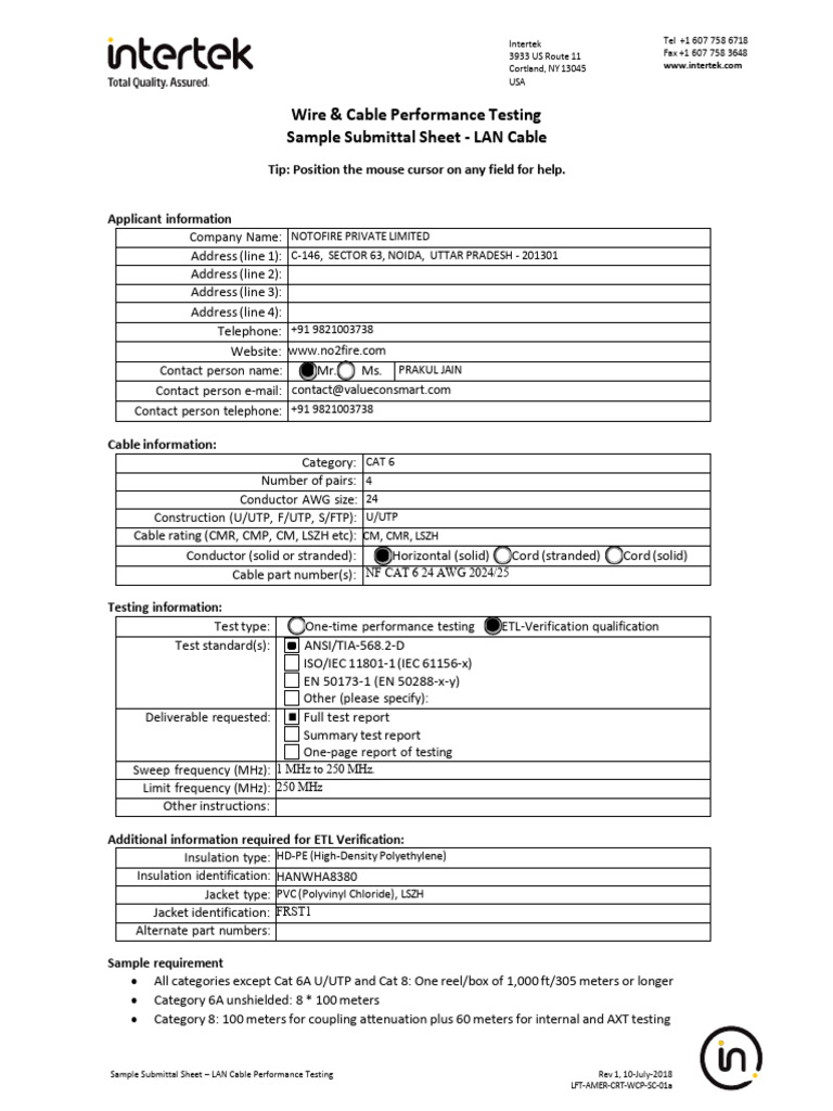 LAN Cable Sample Submittal Sheet Form FINAL | PDF | Electrical ...