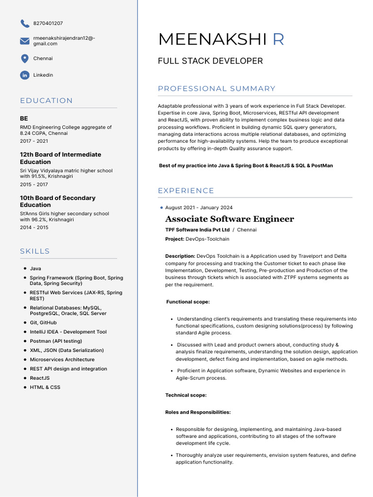 Meenakshi R _Java FullStack Developer_SPAR_Chennai | PDF | Databases | Java (Programming Language)