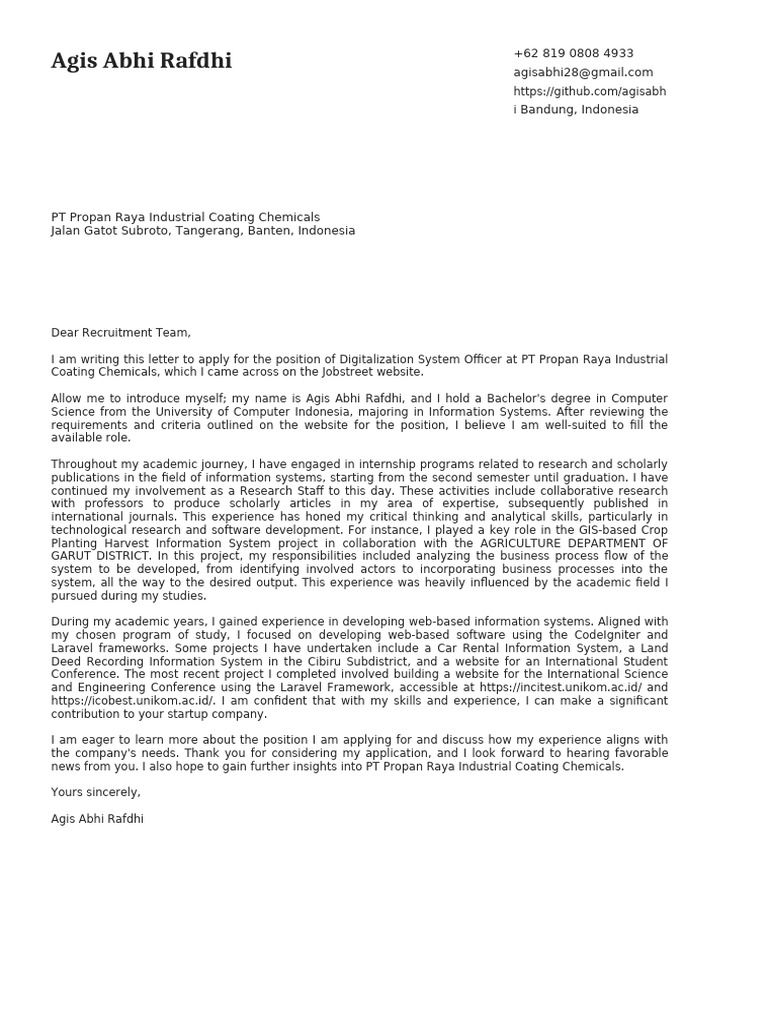 Agis Abhi Rafdhi - Cover Letter | PDF | Science | Cognition