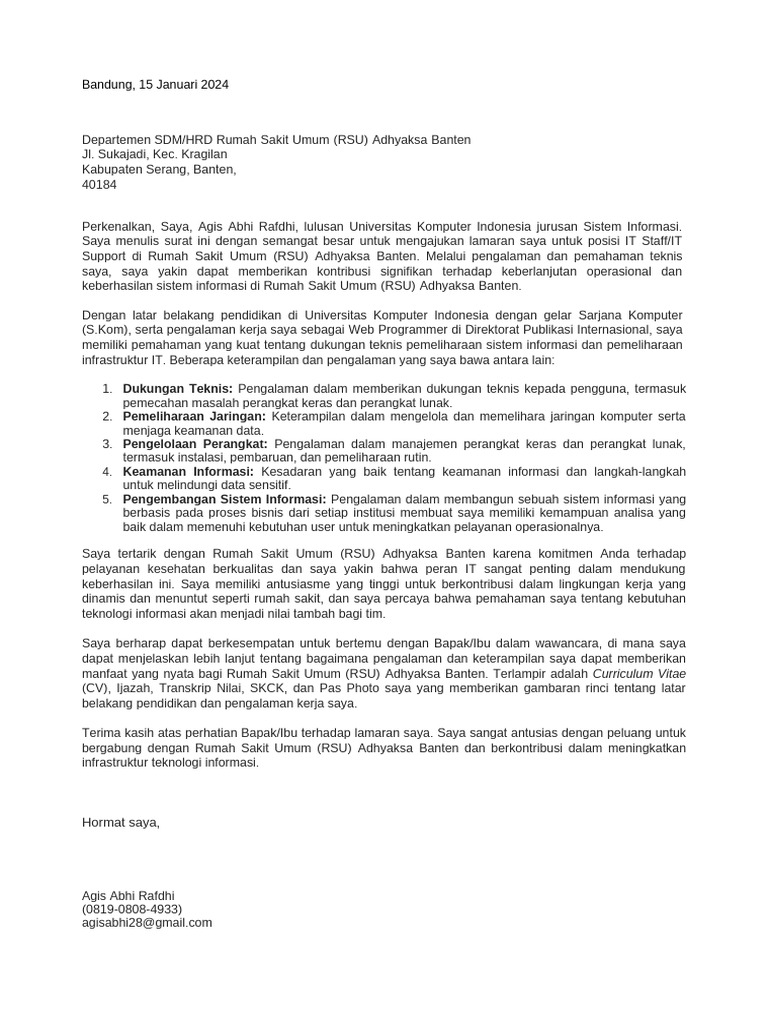 Agis Abhi Rafdhi - Cover Letter RSU Adhyaksa | PDF