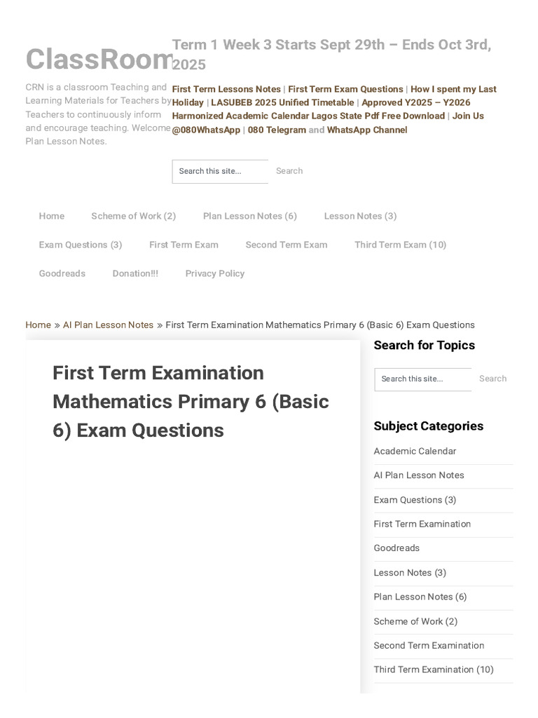 First Term Examination Mathematics Primary 6 (Basic 6) Exam Questions ...
