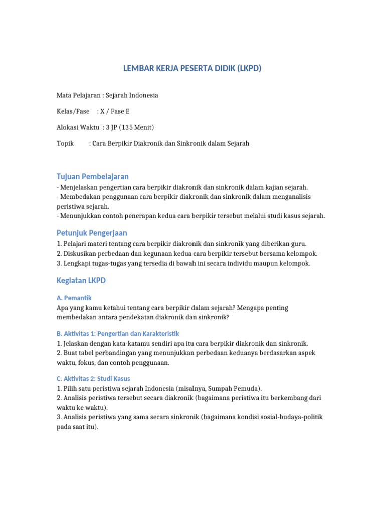 LKPD Cara Berpikir Diakronik Dan Sinkronik | PDF