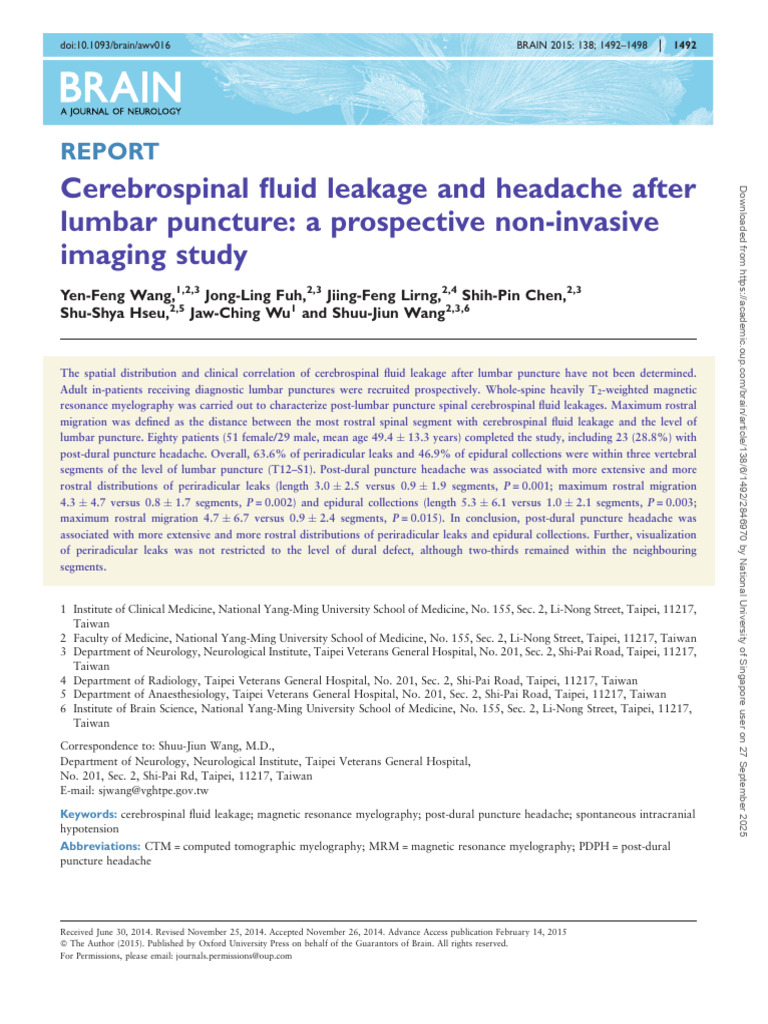 CSF Leakage and Headache Post-Lumbar Puncture | PDF | Cerebrospinal ...
