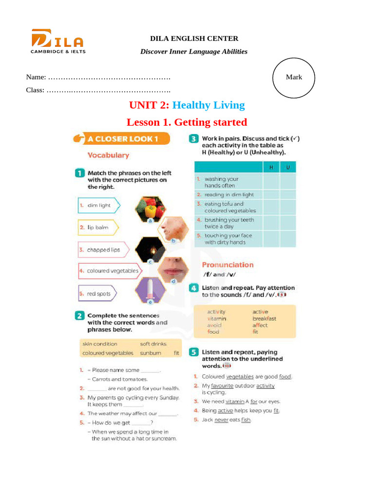 Unit 2. Healthy Living. Lesson 1. Getting Started | PDF