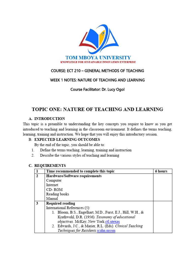 Updated 1 Topic One ECT 210 General Teaching Methods in Education TMU | PDF | Learning ...