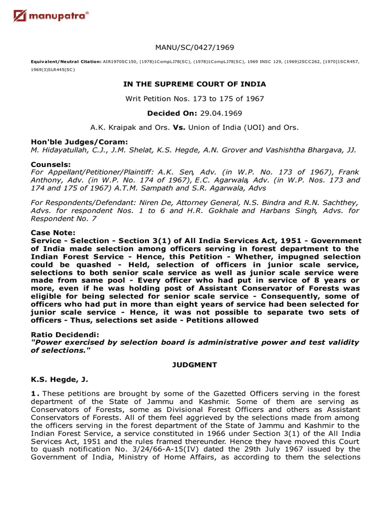 AK Kraipak and Ors vs Union of India UOI and Ors 2s690427COM789491 ...