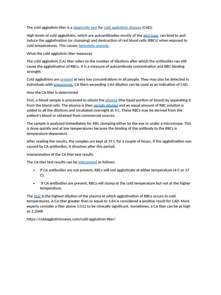 Cold Agglutinin Titer | PDF
