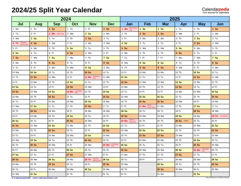 Split Year Calendar 2024 2025 Landscape | PDF