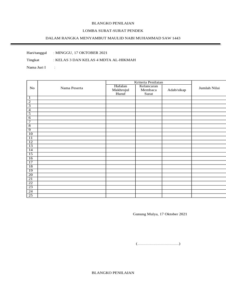 Blangko Penilaian Lomba Mda | PDF