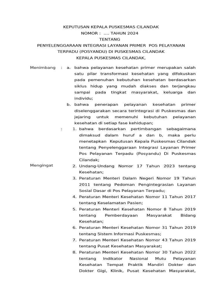 Contoh SK Penyelenggaraan Posyandu Keputusan Kepala Puskesmas Cilandak | PDF