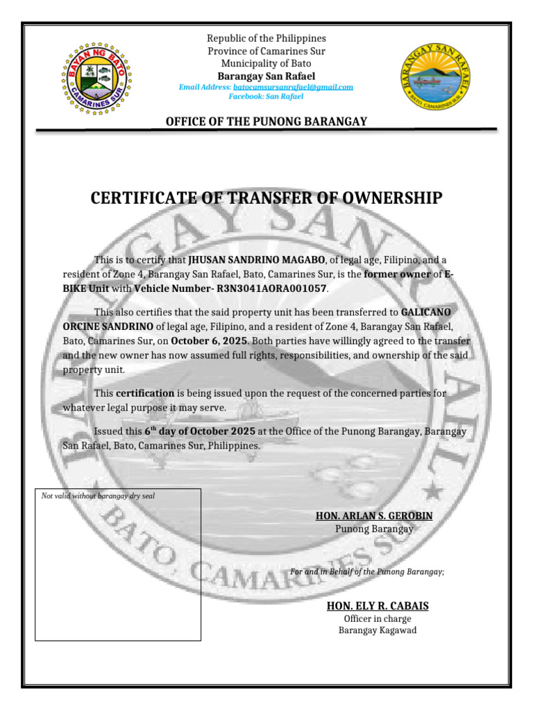 Certification of Transfer of Ownership Ebike | PDF