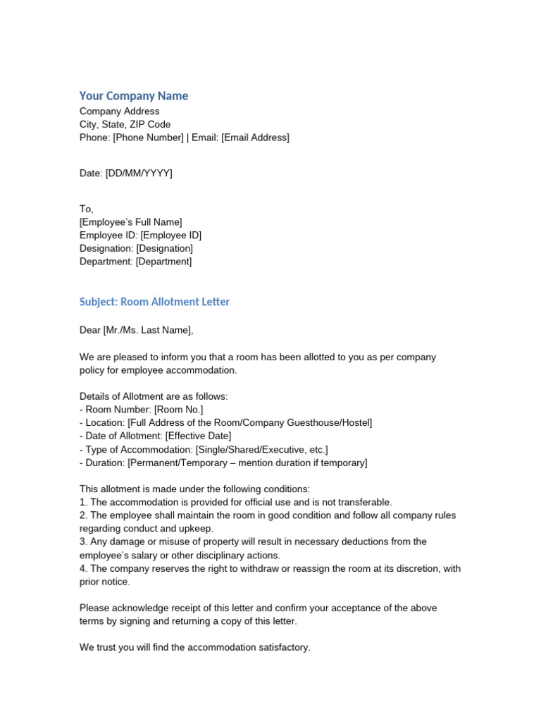 Room Allotment Letter | PDF