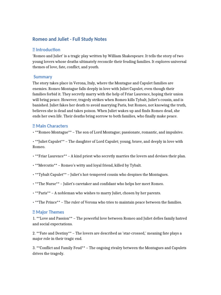 Romeo and Juliet Study Notes | PDF | Characters In Romeo And Juliet ...