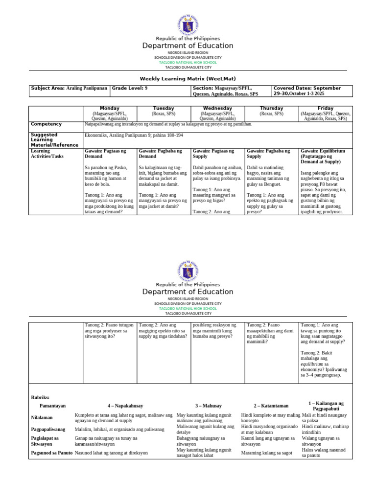 Weekly Learning Matrix SEP 29 30OCT 1-3-2025 | PDF